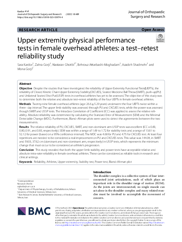 Pdf Upper Extremity Physical Performance Tests In Female Overhead Athletes A Test Retest