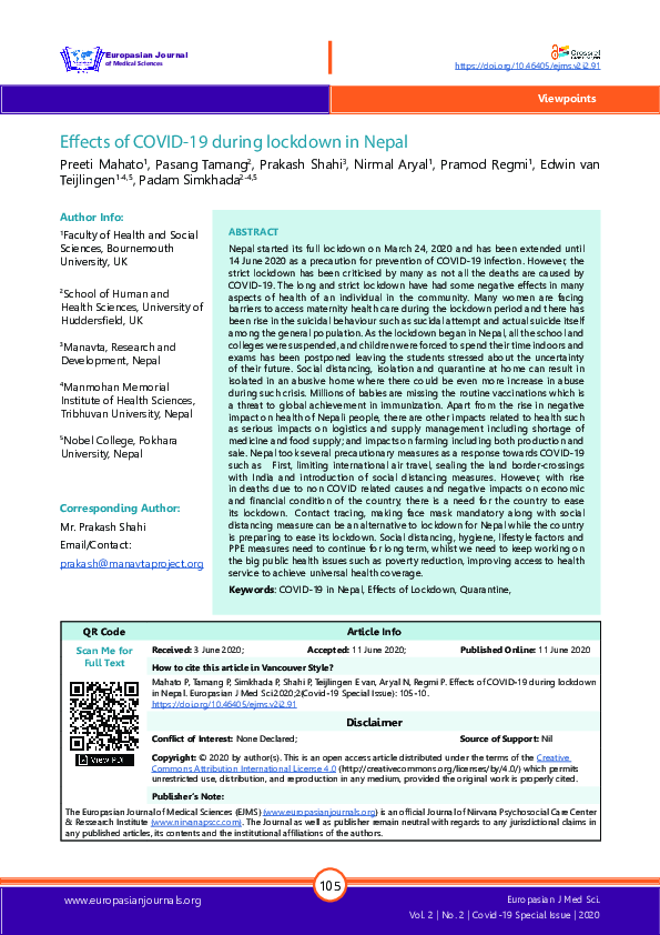 (PDF) Effects of COVID-19 during lockdown in Nepal
