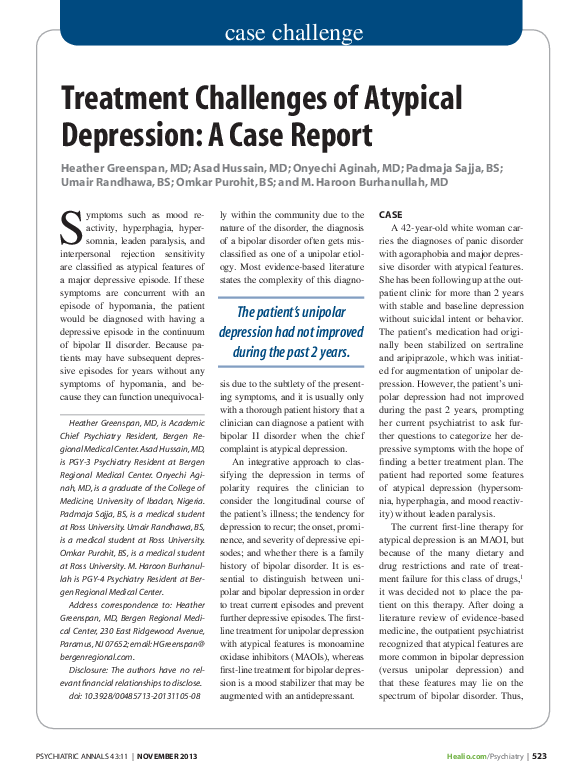 (PDF) Treatment Challenges of Atypical Depression: A Case Report | Asad ...