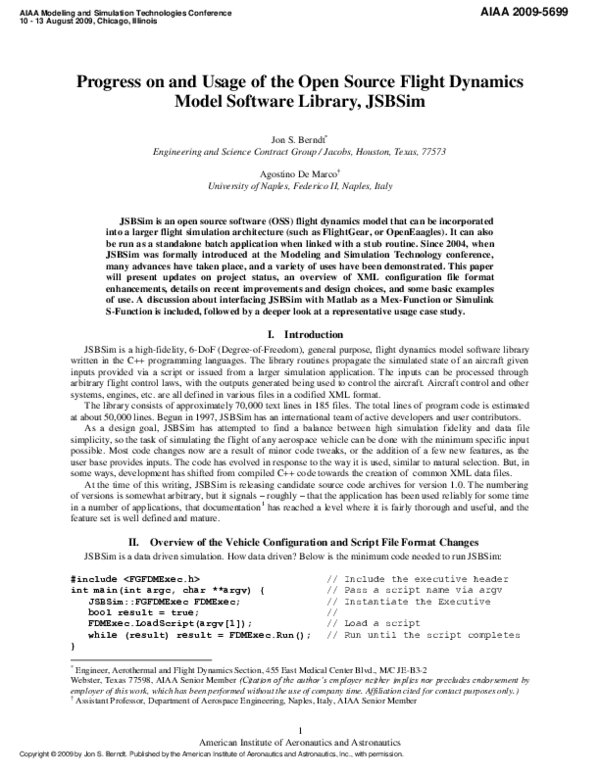 Pdf Progress On And Usage Of The Open Source Flight Dynamics Model Software Library Jsbsim