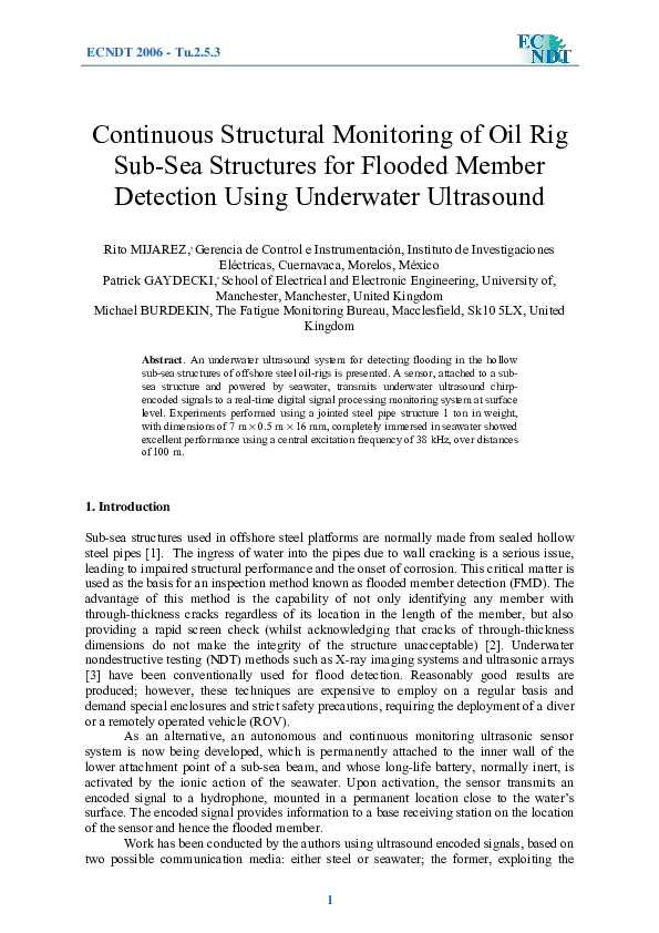 (PDF) Continuous structural monitoring of oil rig sub-sea structures for flooded member ...