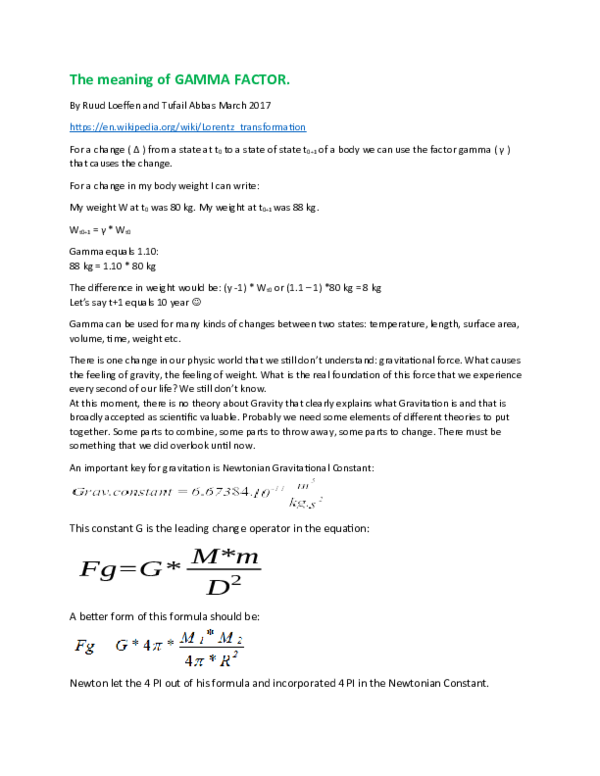 (DOC) The meaning of the GAMMA FACTOR related to the Gravitational Constant
