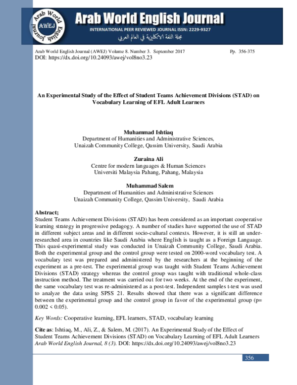 (PDF) An Experimental Study of the Effect of Student Teams Achievement Divisions (STAD) on ...
