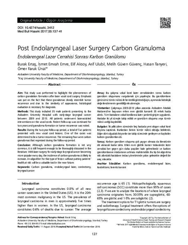 (PDF) Carbon Granulomas Post Vocal Cord Laser Surgery