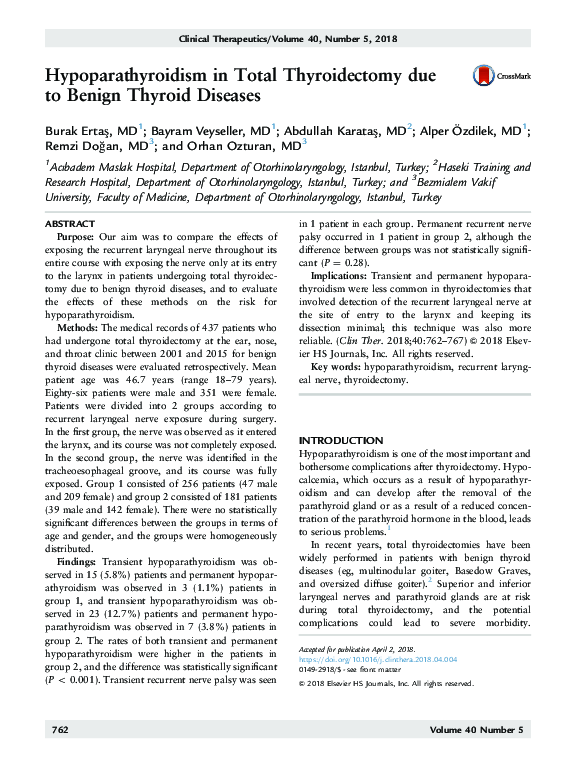 (PDF) Hypoparathyroidism in Total Thyroidectomy due to Benign Thyroid Diseases