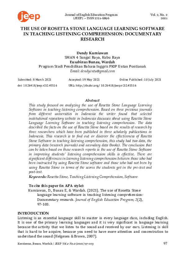 (PDF) The Use of Rosetta Stone Language Learning Software in Teaching ...