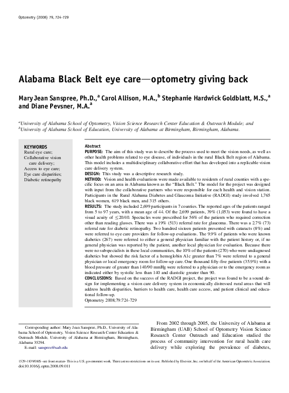 (PDF) Alabama Black Belt eye care—optometry giving back | Stephanie ...