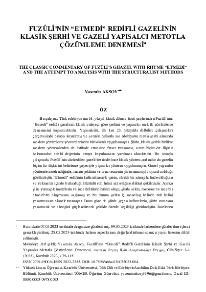 (PDF) FUZÛLÎ'NİN "ETMEDİ" REDİFLİ GAZELİNİN KLASİK ŞERHİ VE GAZELİ ...