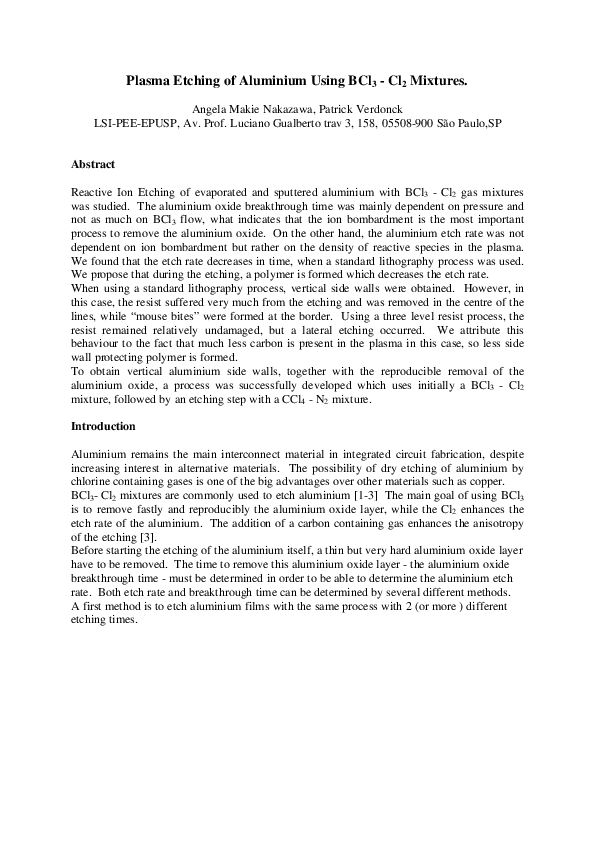 (PDF) Plasma Etching of Aluminium Using BCl 3-Cl 2 Mixtures
