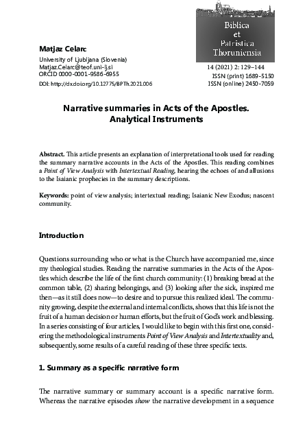 (PDF) Narrative summaries in Acts of the Apostles. Analytical Instruments