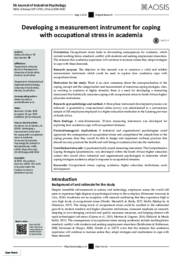 (PDF) Developing a measurement instrument for coping with occupational stress in academia