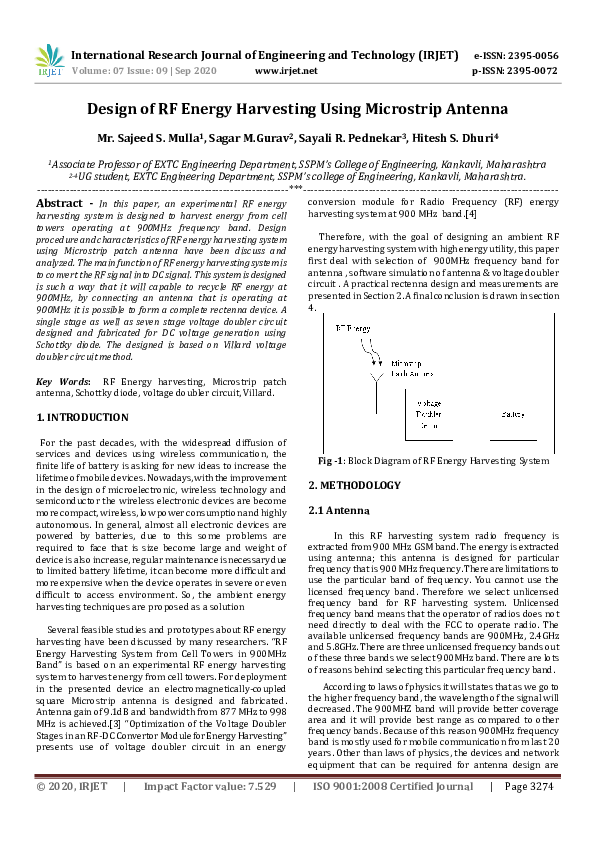 (PDF) Design of RF Energy Harvesting Using Microstrip Antenna | sajeed mulla - Academia.edu
