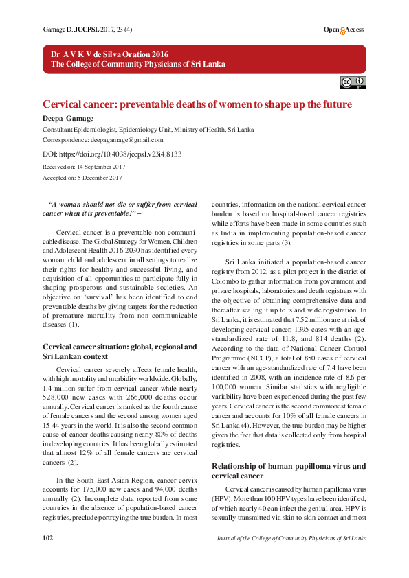 (PDF) Cervical cancer : preventable deaths of women to shape up the ...