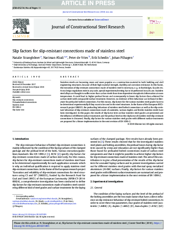 (PDF) Slip factors for slip-resistant connections made of stainless steel