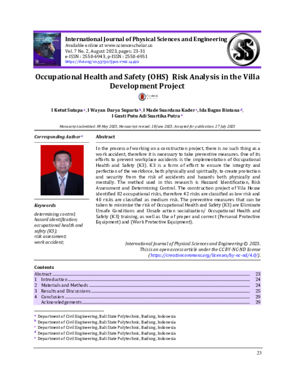 (PDF) Occupational Health and Safety (OHS) risk analysis in the villa development project