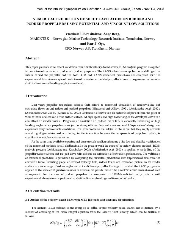 (PDF) Numerical Prediction of Sheet Cavitation on Rudder and Podded Propellers Using Potential ...
