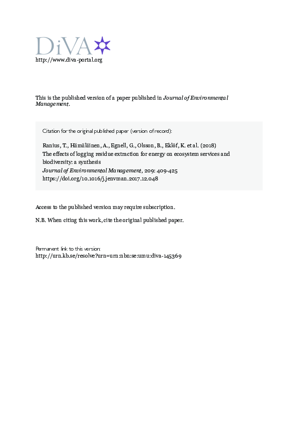 (PDF) The effects of logging residue extraction for energy on ecosystem ...