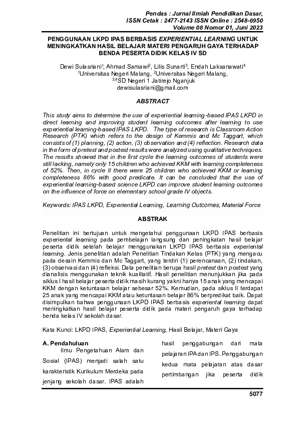 (PDF) Penggunaan LKPD Ipas Berbasis Experiential Learning Untuk Meningkatkan Hasil Belajar ...