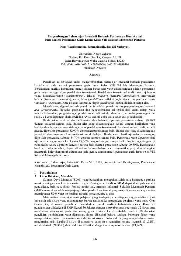 (PDF) Pengembangan Bahan Ajar Interaktif Berbasis Pendekatan Kontekstual Pada Materi Persamaan ...