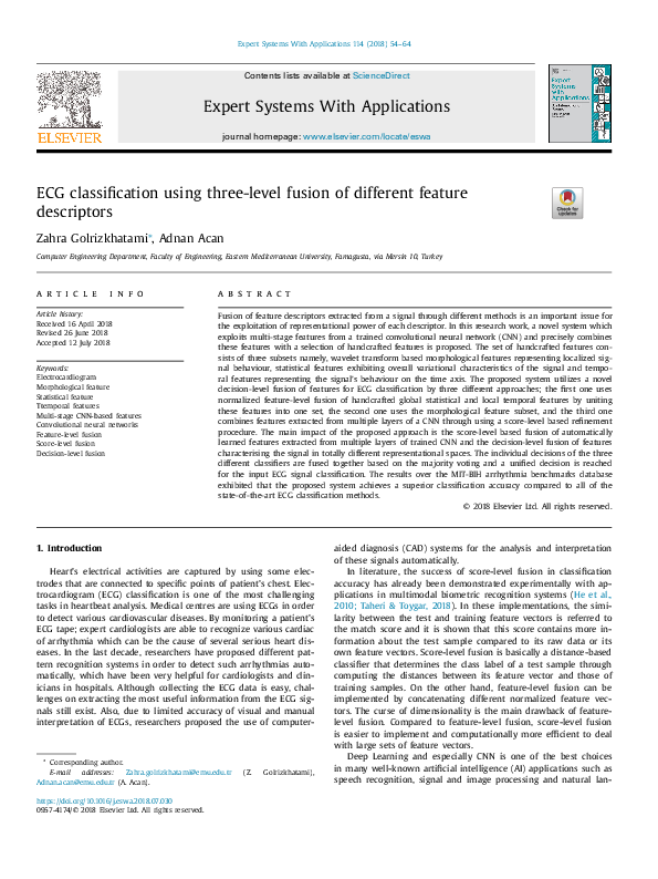 ECG classification using three-level fusion of different feature descriptors