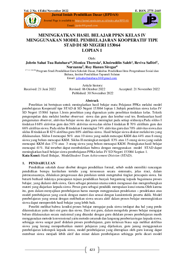 (PDF) Meningkatkan Hasil Belajar PPKN Kelas IV Menggunakan Model Pembelajaran Kooperatif Tipe ...