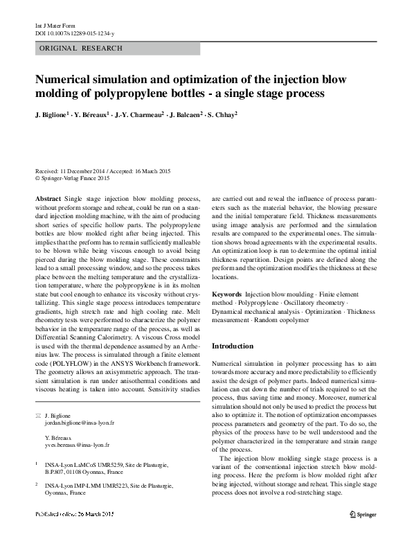 Pdf Numerical Simulation And Optimization Of The Injection Blow Molding Of Polypropylene