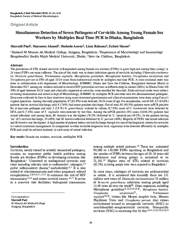 Pdf Simultaneous Detection Of Seven Pathogens Of Cervicitis Among Young Female Sex Workers By