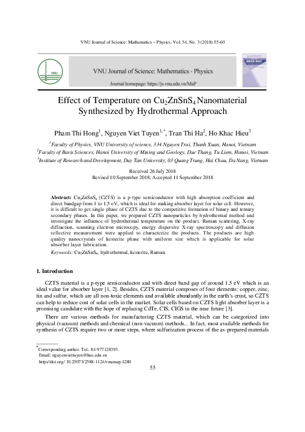 Pdf Effect Of Temperature On Cu2znsns4 Nanomaterial Synthesized By