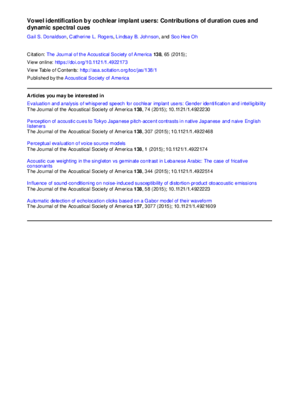 (PDF) Vowel identification by cochlear implant users: Contributions of static and dynamic ...