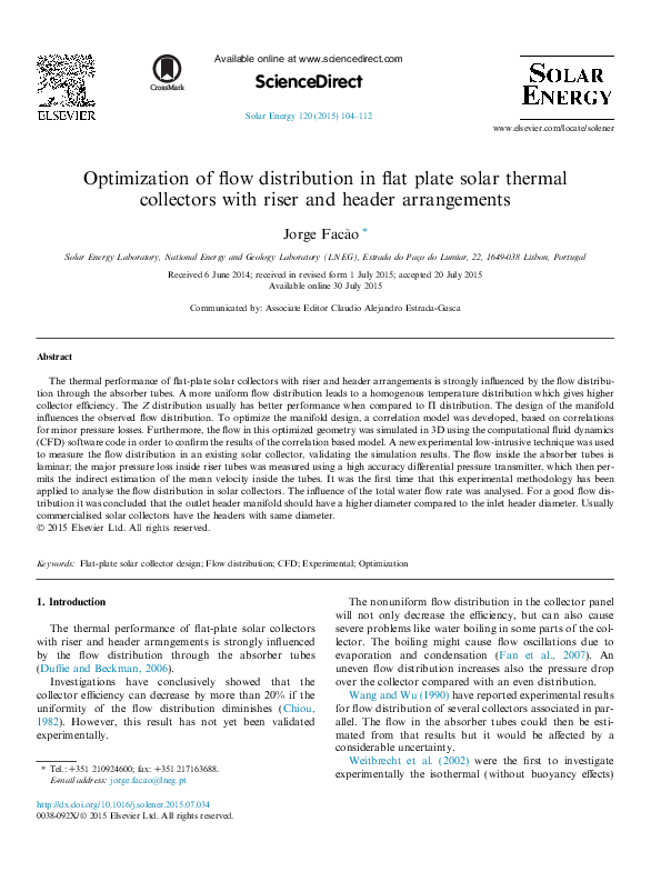 (PDF) Optimization of flow distribution in flat plate solar thermal ...