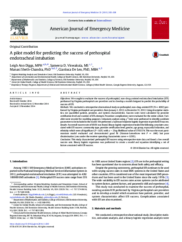 (PDF) A Pilot Model for Predicting the Success of Prehospital ...