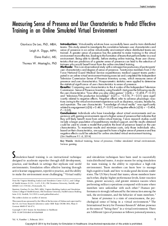 (PDF) Measuring Sense of Presence and User Characteristics to Predict Effective Training in an ...