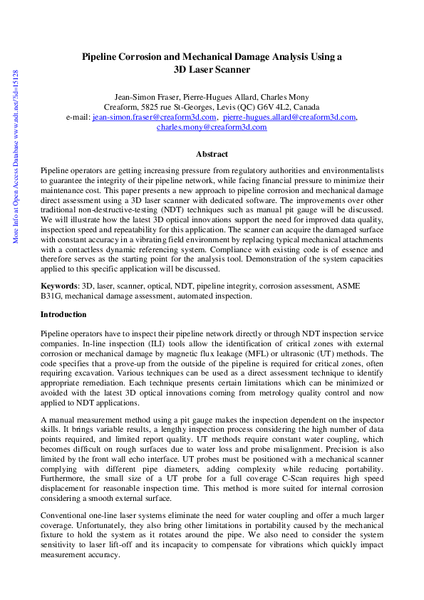 (PDF) Pipeline Corrosion and Mechanical Damage Analysis Using a 3 D ...