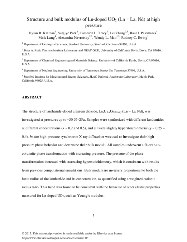 (PDF) Structure and bulk modulus of Ln-doped UO2 (Ln = La, Nd) at high ...