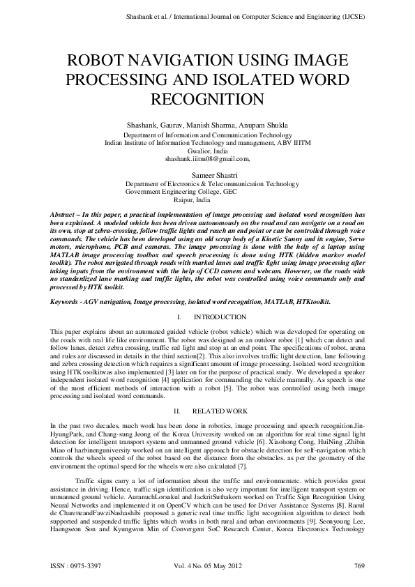 Pdf Robot Navigation Using Image Processing And Isolated Word Recognition Sameer Shastri