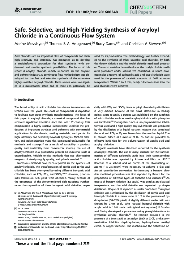 (PDF) Safe, Selective, and High-Yielding Synthesis of Acryloyl Chloride ...