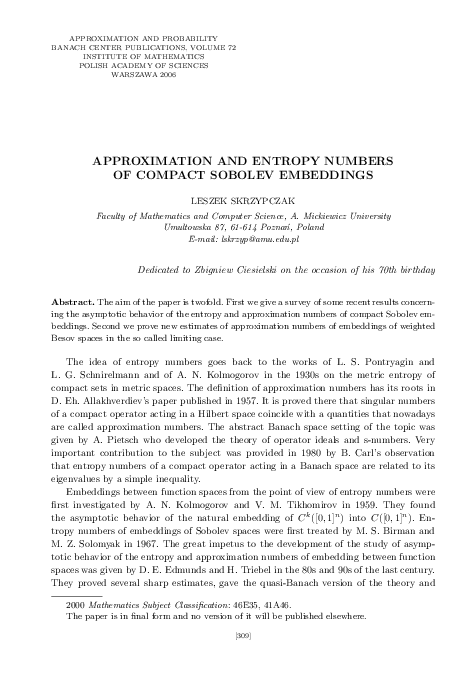 (PDF) Approximation and entropy numbers of compact Sobolev embeddings