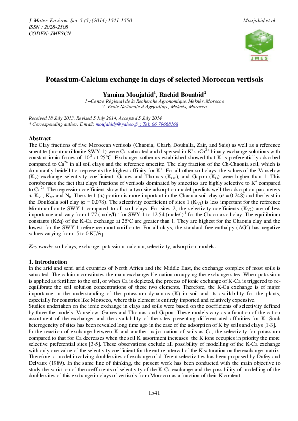 (PDF) Potassium-Calcium exchange in clays of selected Moroccan ...
