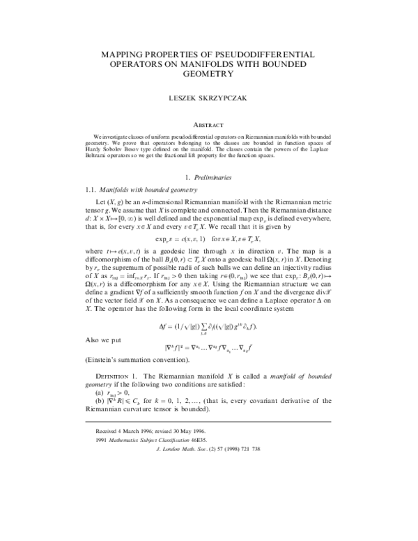 (PDF) Mapping Properties of Pseudodifferential Operators on Manifolds with Bounded Geometry