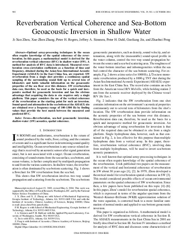 (PDF) Reverberation Vertical Coherence and Sea-Bottom Geoacoustic Inversion in Shallow Water