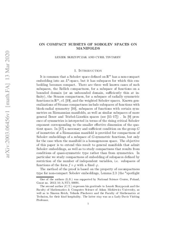 (PDF) On compact subsets of Sobolev spaces on manifolds