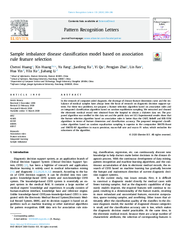 (PDF) Sample imbalance disease classification model based on association rule feature selection