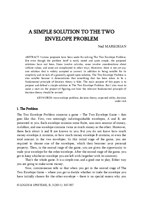 (PDF) A Simple Solution to the Two Envelope Problem