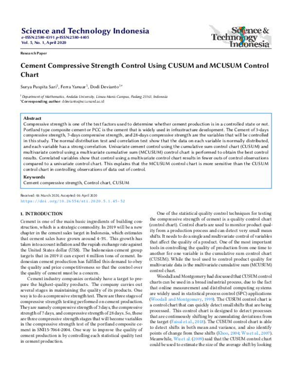 (PDF) Cement Compressive Strength Control Using CUSUM and MCUSUM Control Chart