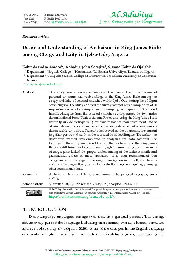 (PDF) Usage and Understanding of Archaisms in King James Bible among ...