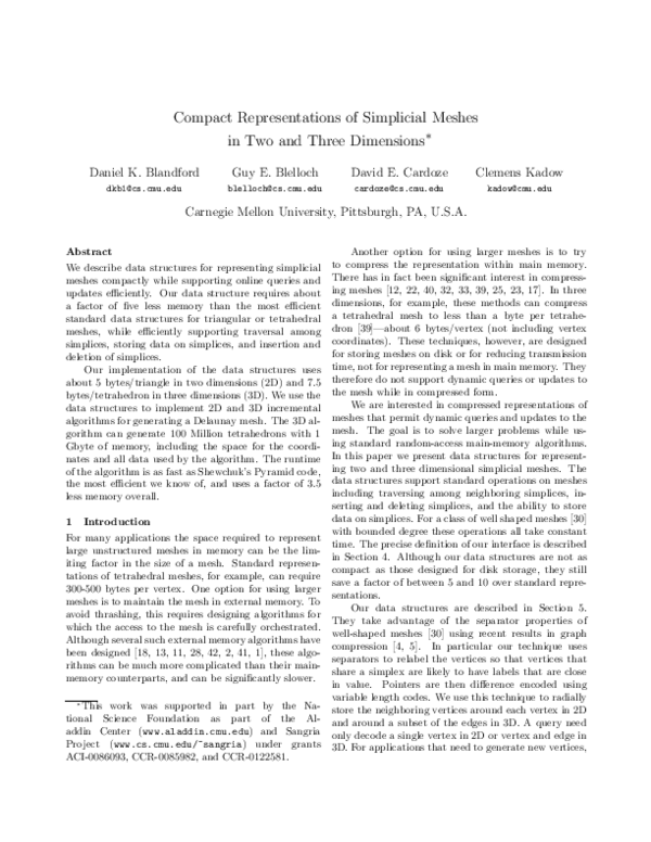 (PDF) Compact Representations of Simplicial Meshes in Two and Three Dimensions