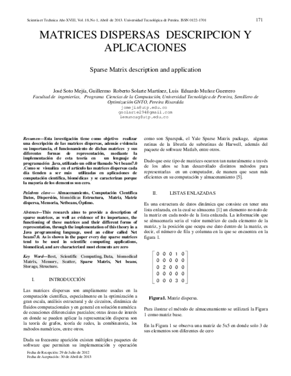 (PDF) Matrices Dispersas Descripcion y Aplicaciones