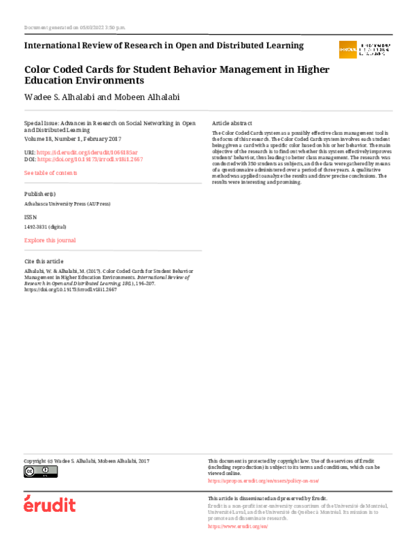 (PDF) Color Coded Cards for Student Behavior Management in Higher ...
