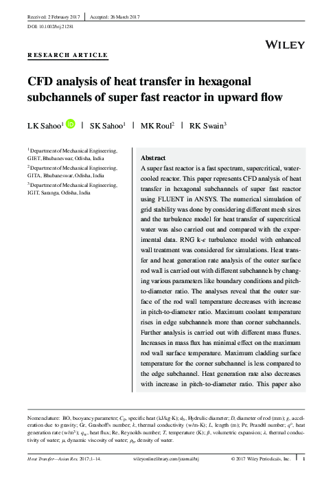 (PDF) CFD analysis of heat transfer in hexagonal subchannels of super ...