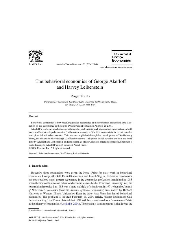 (PDF) The behavioral economics of George Akerloff and Harvey Leibenstein